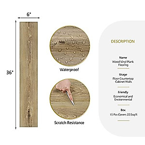 Yenhome 15 Pcs Vinyl Flooring Peel and Stick Waterproof Self Adhesive Peel and Stick Floor Tile Kitchen Bathroom Stick on Floor Tile for Bedroom School Playroom Wood Vinyl Plank Flooring Roll 36" X 6"