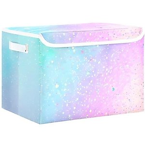 Large Collapsible Storage Bins with Lids, Unicorn Background with Rainbow Storage Baskets Organizer Containers with Handles for Nursery Clothes Toys