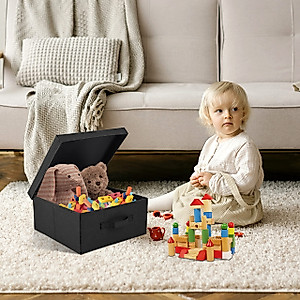 Augfox Set of 3 Storage Bins with LIds - Collapsible Storage Bins, Sturdy Clothing Storage Bins, Multipurpose Lidded Storage Bins for Clothes, Books, Toys, or DVD (Black, 14.2" L x 12.6" W x 6.3" H)