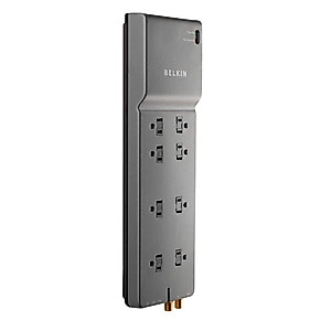 Belkin BE108230-06 8-Outlet Power Strip Surge Protector w/Flat Plug, 6ft Cord (3,550 Joules),Black & 12-Outlet Power Strip Surge Protector w/ 8ft Cord (3,940 Joules), Gray