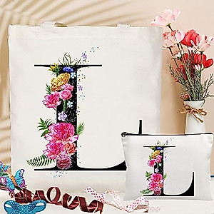 Andeiltech Initial Canvas Tote Bag Floral Letter Personalized Makeup Bag Monogrammed Gift for Bridesmaids Birthday Wedding
