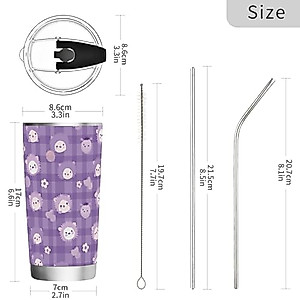 sanluoli Purple Hedgehogs Checkered Plaid Stainless Steel drinking cups with lids with Straw Leak Resistant Flip travel coffee mug for Home, Office or Car cute straw tumbler 20 OZ