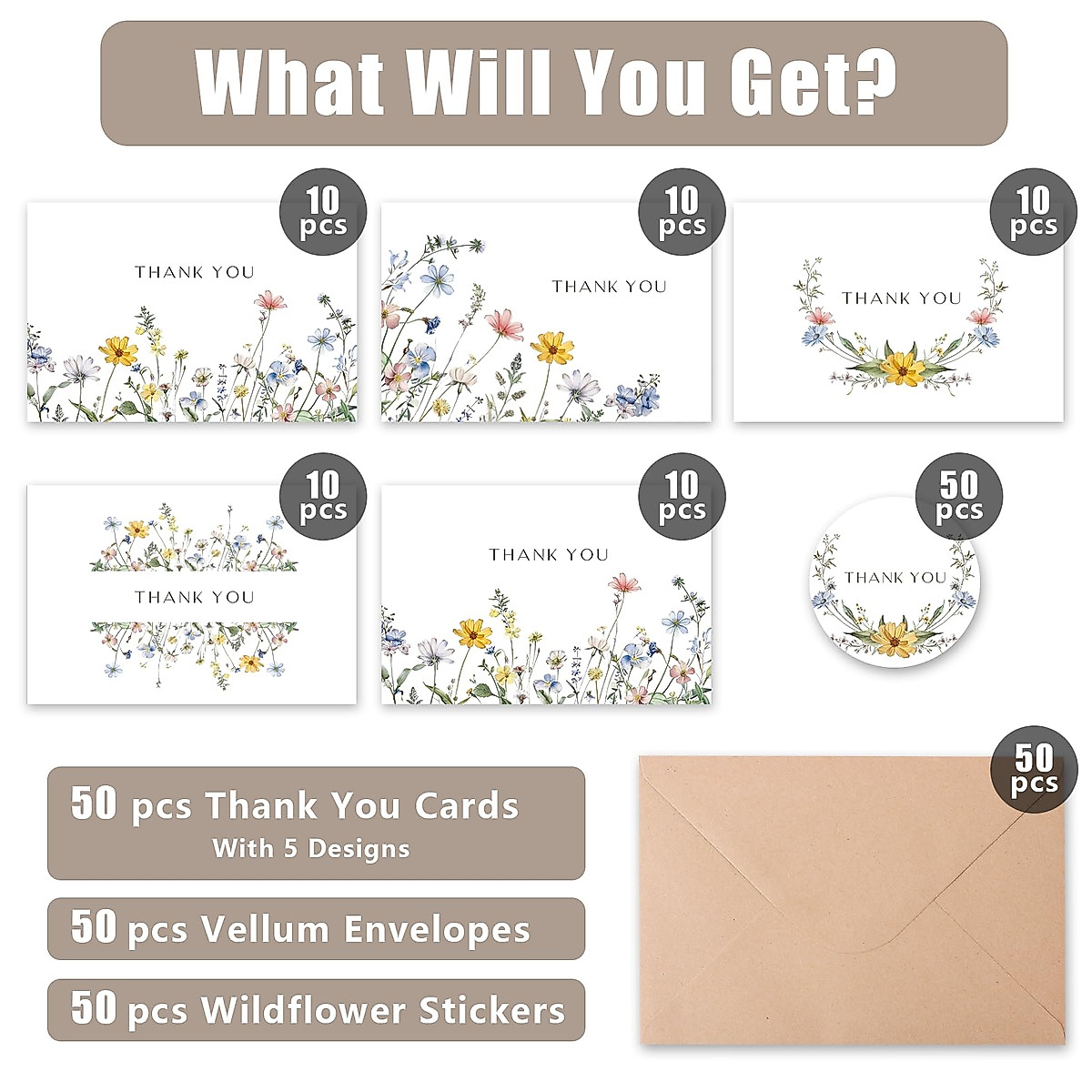 FUHITIM Thank You Cards with Envelopes(50 pack 4x6), Blank Cards with 5 Wildflower Designs, Perfect for Bridal Shower, Baby Shower, Wedding, Birthday, All Occasion