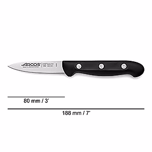 ARCOS Paring Knife 3 Inch Stainless Steel. Professional Kitchen Knife for Peeling Fruits and Vegetables. Ergonomic Polyoxymethylene Handle and 80mm Blade. Series Maitre. Color Black
