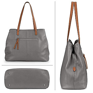 S-ZONE Leather Tote Bag for Women with Zipper Soft Genuine Leather Handbags Shoulder Bags Big Large Capacity Grey