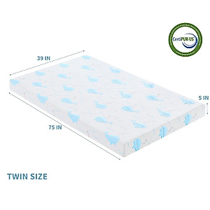 OUUI 5 Inch Twin Mattress for Kids, Removable Washable Cover with Whales Pattern Cooling Memory Foam Medium Feel, Bed-in-a-Box, CertiPUR-US Certified, Twin, White/Blue