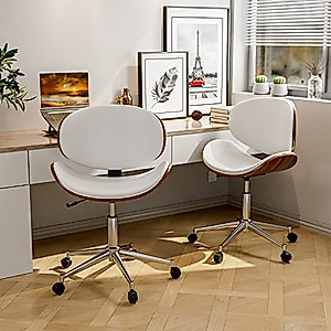 OKAKOPA White Desk Chair Small Office Chair 360° Swivel Height Adjustable Modern Office Chair Ergonomic Curved Wood Desk Chairs Leather Armless Desk Chair with Wheels (White with Wrap Edge)