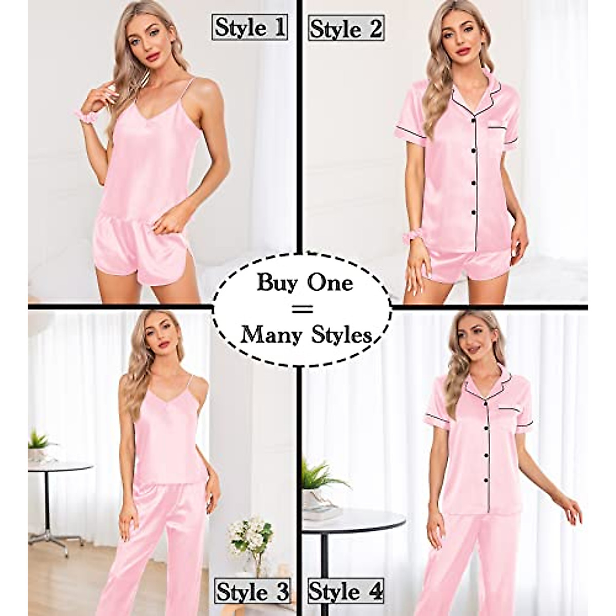 SWOMOG Womens Silk Satin Pajamas Sets 7pcs Sleepwear Sexy Cami Shorts Set and Button Down Short Sleeve Pj Loungewear Pink