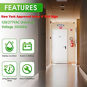 Garrini New York Approved Letter 8" Exit Sign Emergency Light Recessed Housing Single and Double Face Optional,Replaceable Acrylic Panel, UL Certified GRMSEL-200