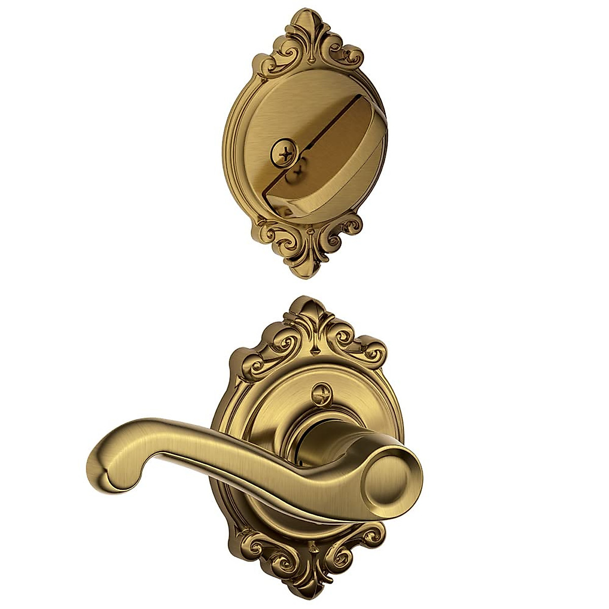 SCHLAGE F59 Flair with Brookshire Rose Right Hand Interior Active Trim with 12326 Latch and 10027 Strike Antique Brass Finish