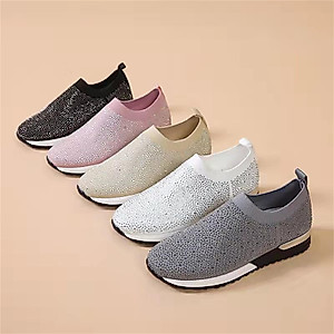 HINDOLA Women's Fashion Rhinestone Mesh Sneaker Knit Slip On Shoes Breathable Glitter Walking Shoes Ballroom Jazz Latin Dance Sock Sneakers Black