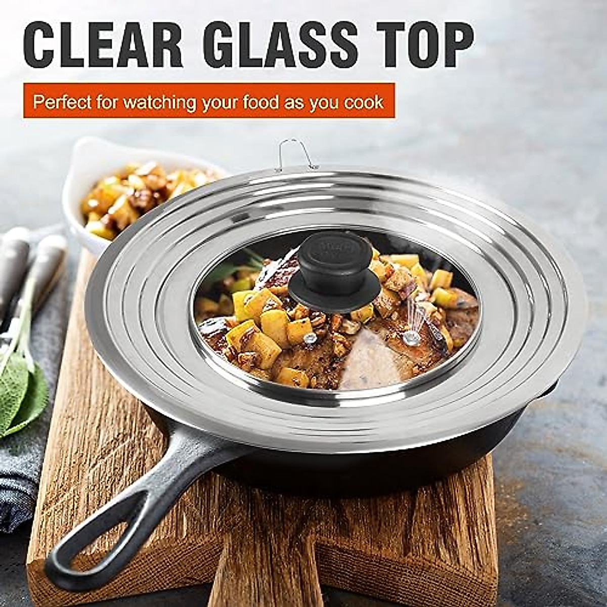 Universal Lid for Pots and Pans Skillets, Stainless Steel Pan Cover fit Fits 8.2-12.5 Inch Cookware, Large Replacement Frying Pan Cover, Cast Iron Skillet Pot Lids with Heat Resistant Knob