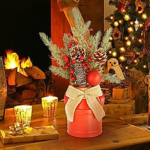 Qingbei Rina Artificial Christmas Centerpiece Decoration,Mini Red Christmas Tree Potted Plants,Holiday Table Fake Greenery with Christmas Ball, Pine, Berry for Home,Office, Window, Fireplace