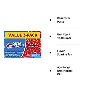 Crest Kid's Cavity Protection Toothpaste (children and toddlers 2+), Sparkle Fun, 4.6 Oz (Pack of 3)
