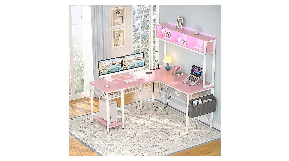 Unikito Pink L-Shaped Computer Desk with LED & USB Ports | Modern Home ...