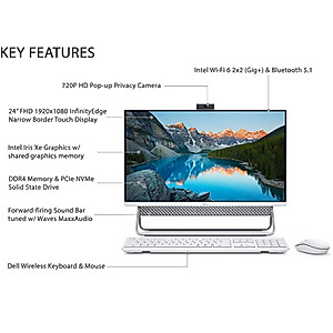 Dell Inspiron 5400 All-in-One Desktop, 23.8" FHD Touchscreen, Intel Core i5-1135G7, 16GB RAM, 512GB SSD, Webcam, HDMI, RJ-45, Wireless Keyboard&Mouse, WiFi 6, Windows 11 Home, White