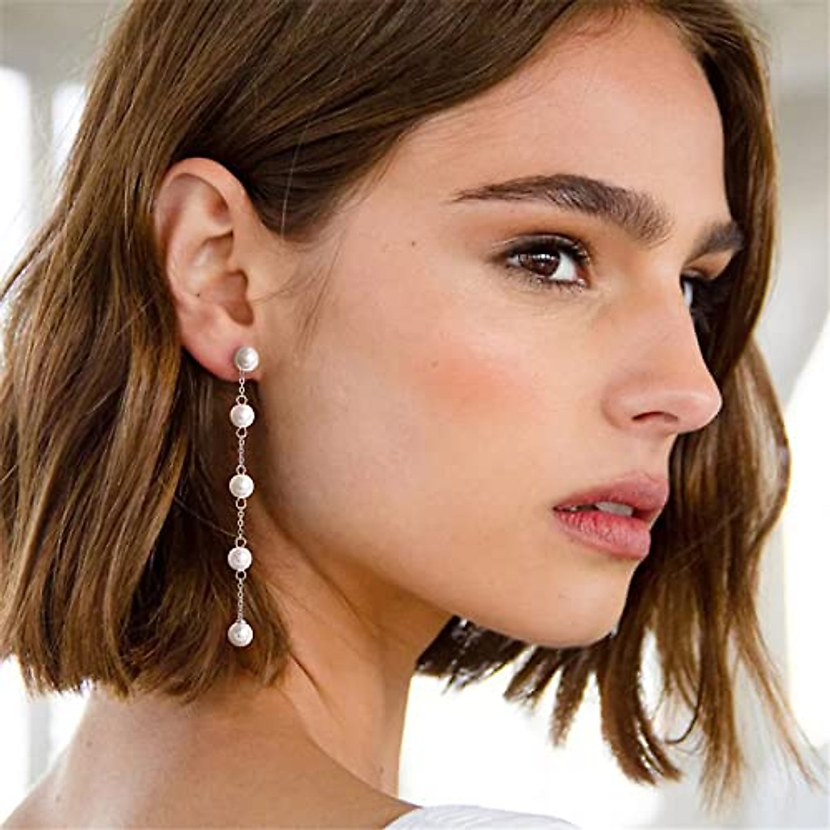 Long Pearl Earrings for Women 14K Silvery Plated Threader Earrings Pearl Ball Drop Elegant Gold Pearl Tassel Earring for Teen Girls