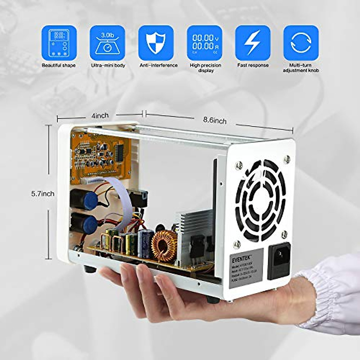 DC Power Supply Variable, Eventek 32V 10.2A Bench Power Supply Adjustable, Switching Regulated Power Supply with High Precision 4-Digits LED Display and Alligator Leads