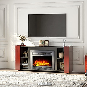 EROMMY 63'' Fireplace TV Stand with 28'' Electric Fireplace Insert, Entertainment Center with 3 Colors Flame Fireplace Heater, TV Console for TVs up to 70'' for Living Room, Bedroom, Office, Cherry