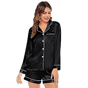 SWOMOG Womens Silk Satin Pajamas Long Sleeve Loungewear Two-piece Sleepwear Button-Down Pj Set Black