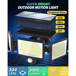 Large Solar Panel Flood Lights Outdoor, 304 Led Solar Lights Waterproof IP67, 3 Foldable Heads Motion Sensor Light with Remote, Security Lights for Front Door Garage Driveway (Always on/Motion)