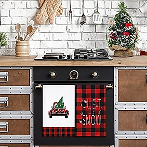 Christmas Kitchen Towels Set of 4, Black and Red Buffalo Plaid Christmas Dish Towels, Truck Ball Holiday Christmas Hand Towels for Kitchen, Bathroom, Cooking, Baking