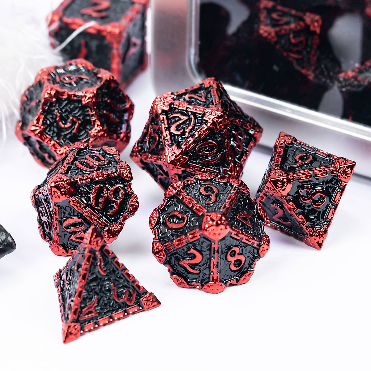 Cusdie Metal Dice with Metal Box, 7 PCs DND Metal Dice, Dagger Design Polyhedral Dice Set, for Role Playing Game D&D Dice MTG Pathfinder (Black with Red Font)