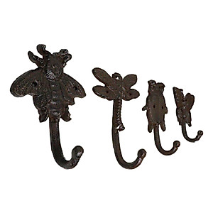 Ebros Set of 4 Cast Iron Vintage Rustic Fancy Bugs Bee Ladybug Butterfly and Dragonfly Wall Hooks Plaque Countryside Western Vintage Cottage Home Or Office Organization