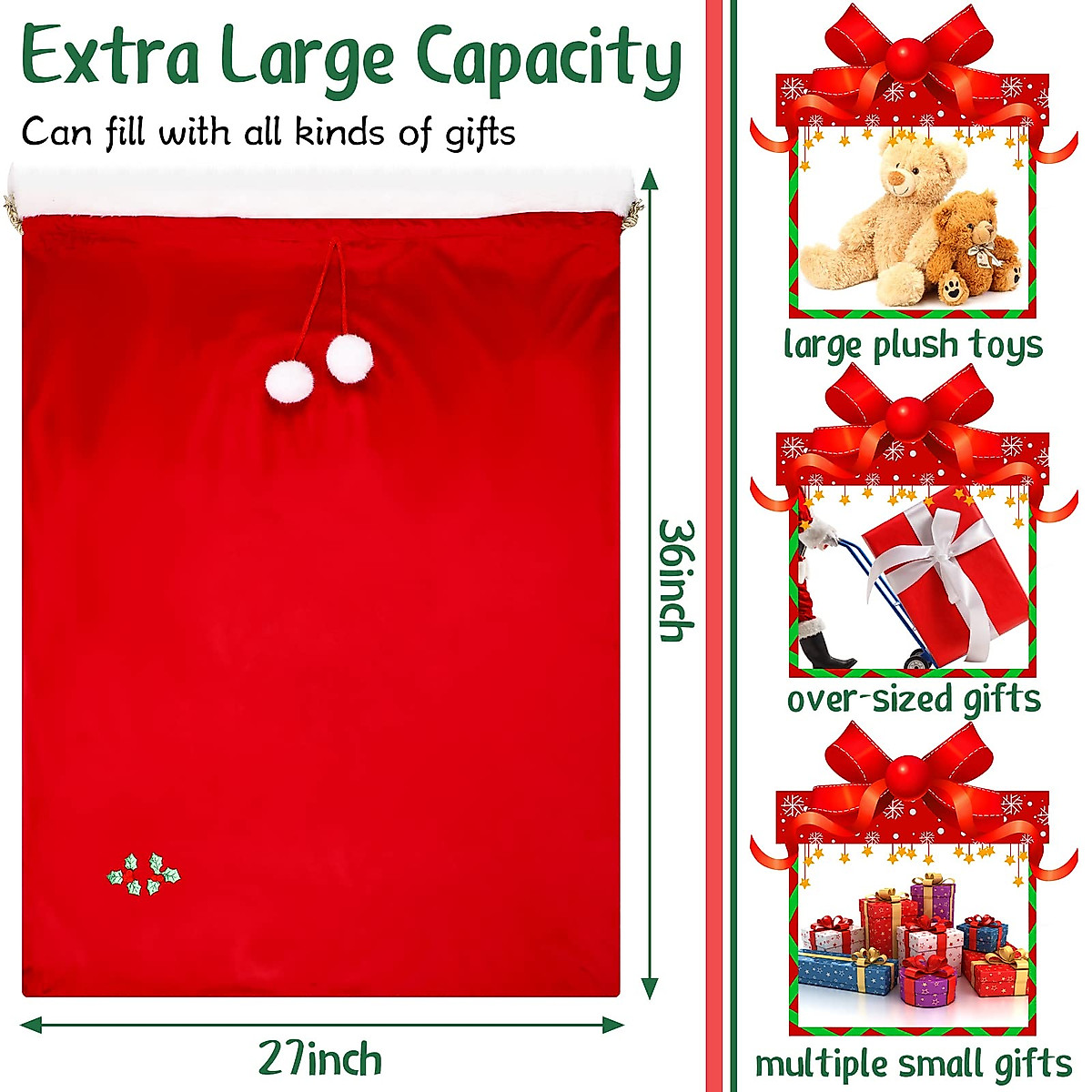 Xuniea 1 Pcs Extra Large Christmas Gift Bags Drawstring Santa Claus Sack Treat Bags Velvet Bags 36 x 27 In Heavy Duty Candies Goodie Bag Wrapping Sack for Xmas Party Favor Present Toys Storage Bag