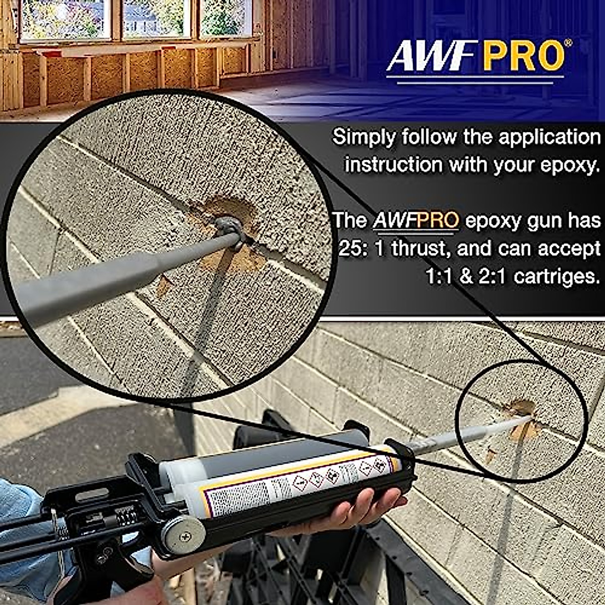 AWF PRO - Dual Cartridge Epoxy Gun. 600 mL / 22 oz, 25:1 Thrust Ratio, Accepts 1:1 and 2:1 Dual Component Mix Cartridges (Epoxy, Acrylic, Urethane). Professional 2 Part Epoxy Gun