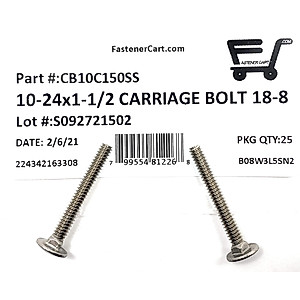 10-24x1-1/2 Carriage Bolts Stainless Steel 18-8 (25 Pieces)