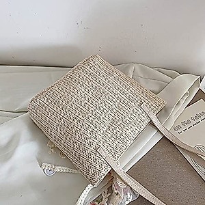 Women Straw Summer Beach Bag, Retro Women Woven Lace Ribbon Shoulder Bag Casual Tote Handbags (Beige)
