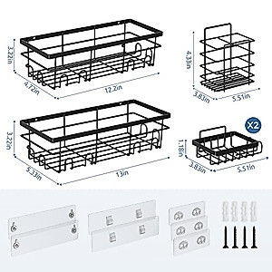 POKIPO Shower Caddy, 5-Pack Shower Organizer with Soap Dishes & Toothbrush Holder, Adhesive or Drilling Stainless Steel Shower Shelves, Rustproof Rack for Bathroom Storage, Decor, Wall Mounted, Black