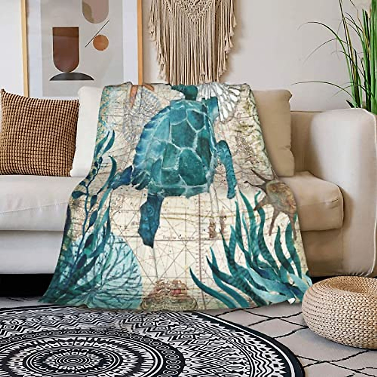 Plush Air Conditioning Throw Blanket, Vintage Ocean Turtle Starfish World Map Ultra-Soft Cozy Plush Blankets for Bed Couch Chair Office Living Room 50"x40".