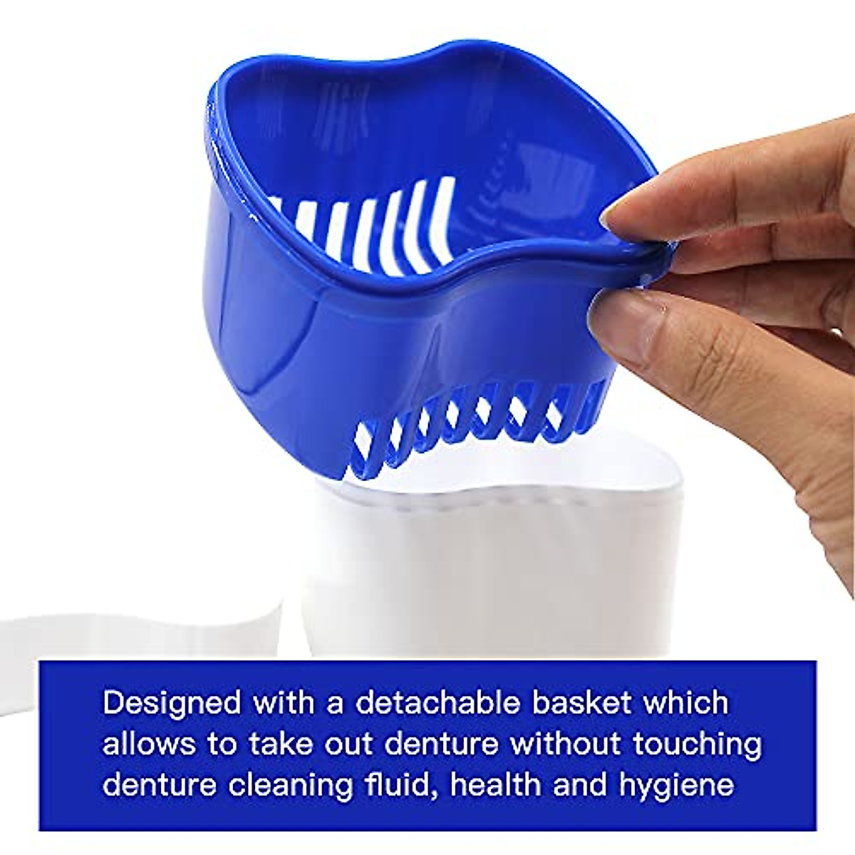 2 Packs Denture Bath Cases and 2 Packs Denture Brushes kit, Portable Professional Denture Cups Denture Boxes Dentures Container with Removable Basket for Home Use (Blue, Green)
