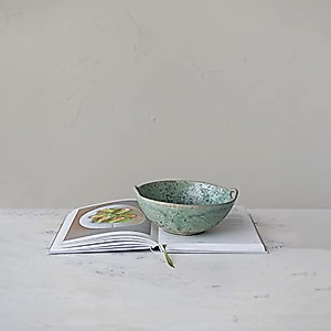 Creative Co-Op Stoneware Berry Bowl with Handles, Aqua Reactive Glaze Serveware, 8"L x 8"W x 3"H, Multicolor