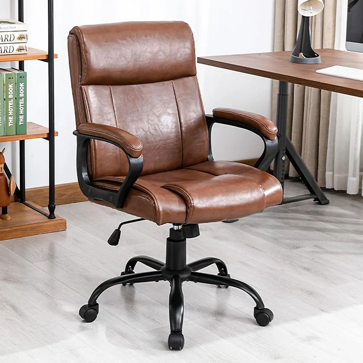 DYHOME Leather Office Chair Brown Desk Chair with Padded Armrests, Adjustable Home Office Chair Mid Back Swivel Task Chair, Ergonomic Mid Century Computer Chair, Capacity 400lbs
