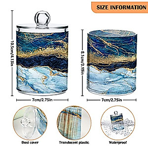 Kigai Blue Gold Marble Qtip Holder - 14OZ Clear Plastic Apothecary Jars Bathroom Canister Dispenser Organizer Vanity Storage Jar with Lid for Cotton Ball, Cotton Swab, Floss (2PACK)