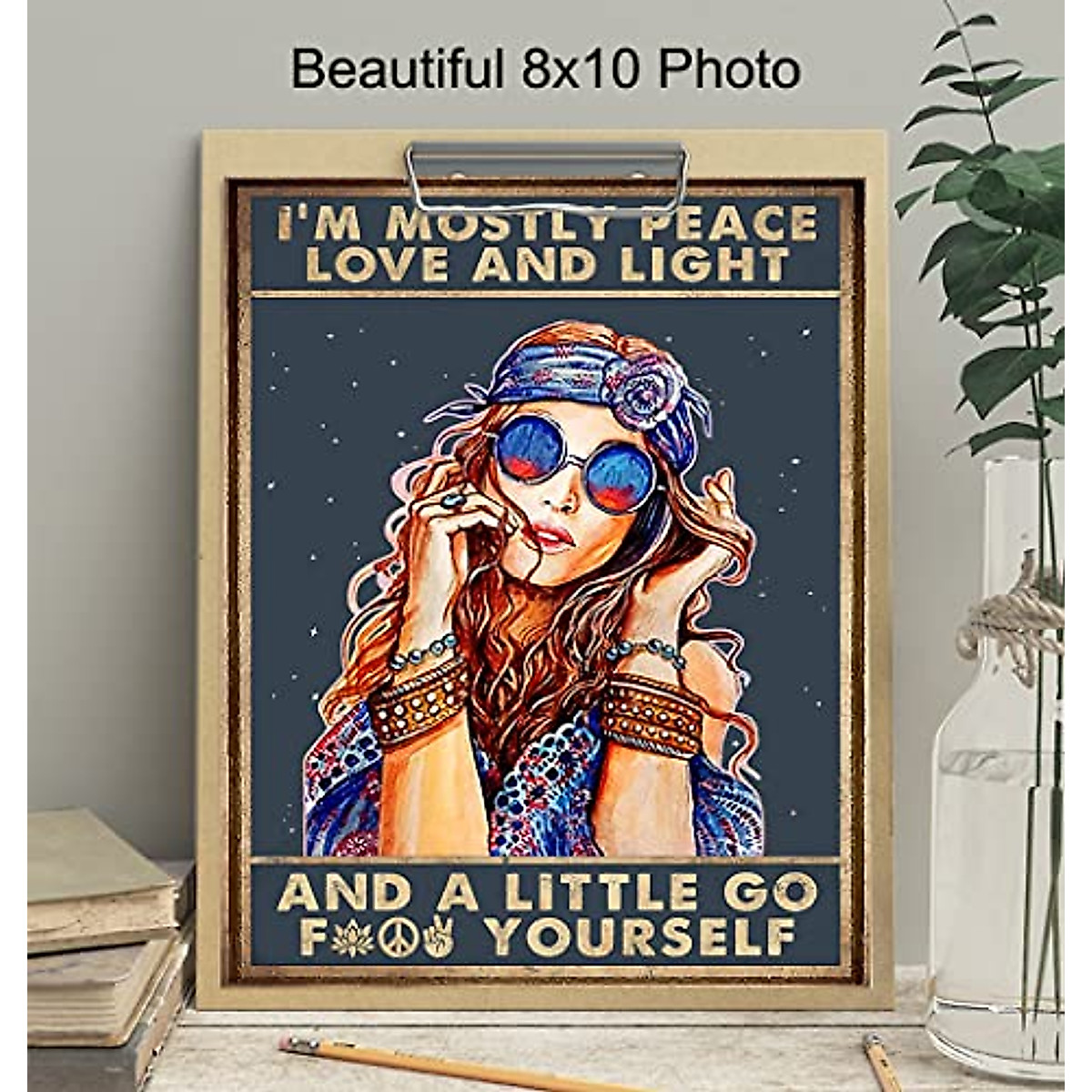 I'm Mostly Peace Love and Light Wall Art - Bohemian Boho Wall Decor - Inspirational Hippy Trippy Hippie Room Decor - Spiritual Motivational Poster - Funny Sayings Quotes - New Age Gifts for Women