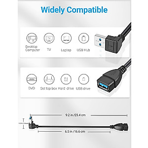 URWOOW 2 Pack SuperSpeed USB 3.0 Angle Male to Female Extension Cable 6 Inch Convertor Adapter Extender Cord Up Angle and Down Angle one Each