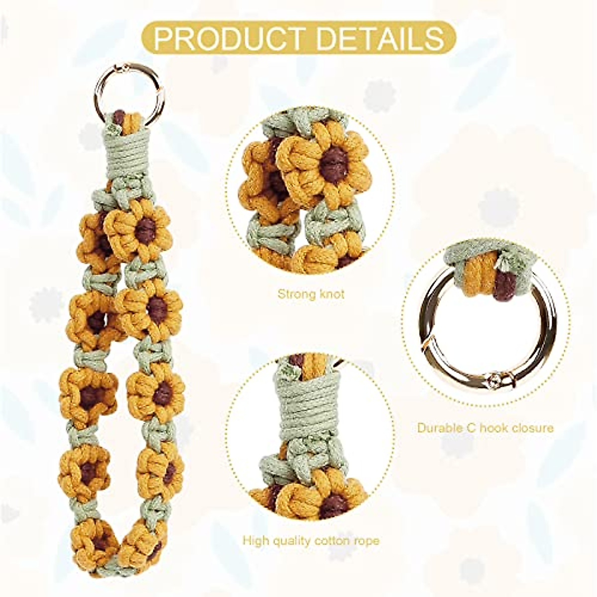 elephtree Boho Macrame Keychain Wristlet Keychain Weave Exquisite Keyring Holder Bracelet Handmade Wrist Lanyard Flower Pattern for Women