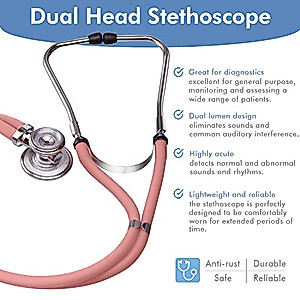 Novamedic Dual Head Sprague Rappaport Stethoscope, Pink, 30 inch First Aid Stethoscope for Nurses, Doctors, ETMs, Nursing Homes, Cardiac Diagnostic, Cardiology and Medical Supplies Kit