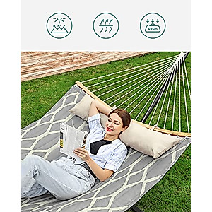 SONGMICS Hammock, Quilted Hammock with Curved Bamboo Spreaders, Pillow, 78.7 x 55.1 Inches, Portable Padded Hammock Holds up to 495 lb, Gray and Beige Rhombus UGDC034G02