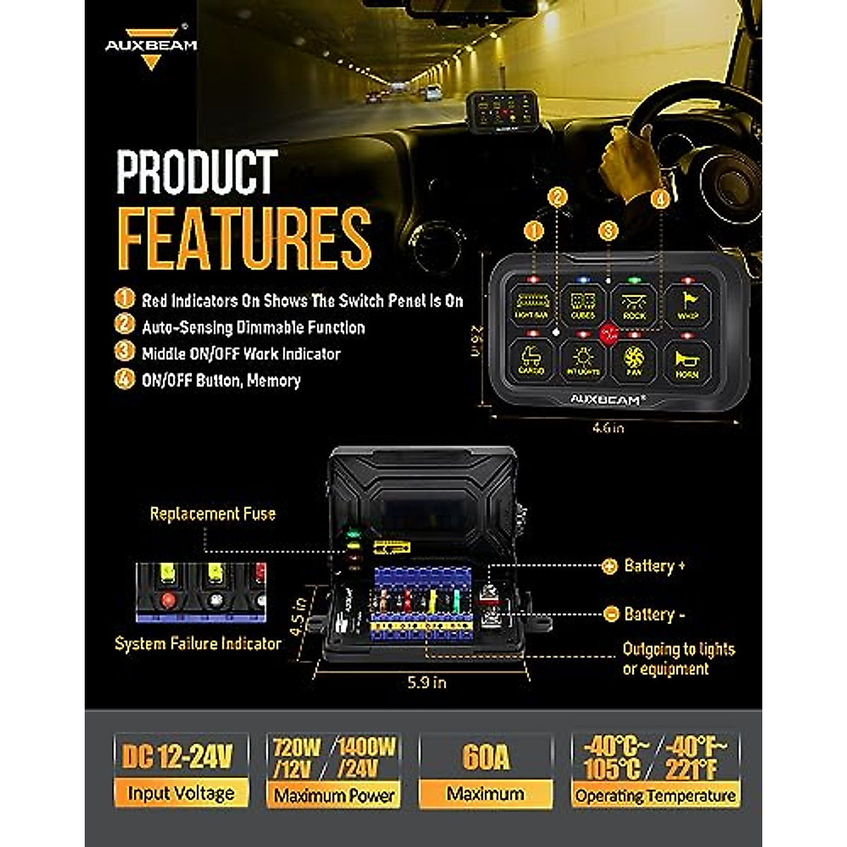 Auxbeam RGB Bluetooth 8 Gang Switch Panel AR-820 Toggle Momentary Pulsed Switch Pod for Truck UTV Offroad Boat with Switch Panel Sticker