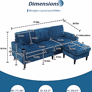 YiMiYom 77" Convertible Sectional Sofa, Small L Shaped Sofa Couch with Storage Ottoman, Cup Holder and Magazine Bags, Chenille Fabric 3 Seat Sofa for Living Room, Apartment, Bedroom, Small Space, Blue