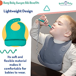 BUSY BABY - Silicone Baby Bib & Bungees, 1-Stop-Drop Travel Bib, 2-Silicone Bungees that Easily Attach to Bib & Keep Things Off the Floor (Pewter)