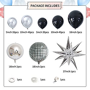 Diy 130pcs Black Sliver Balloons Garland Arch Kit with 4D Disco Foil Explosion Star for Birthday Wedding Baby Shower Disco Dance Party Decorations