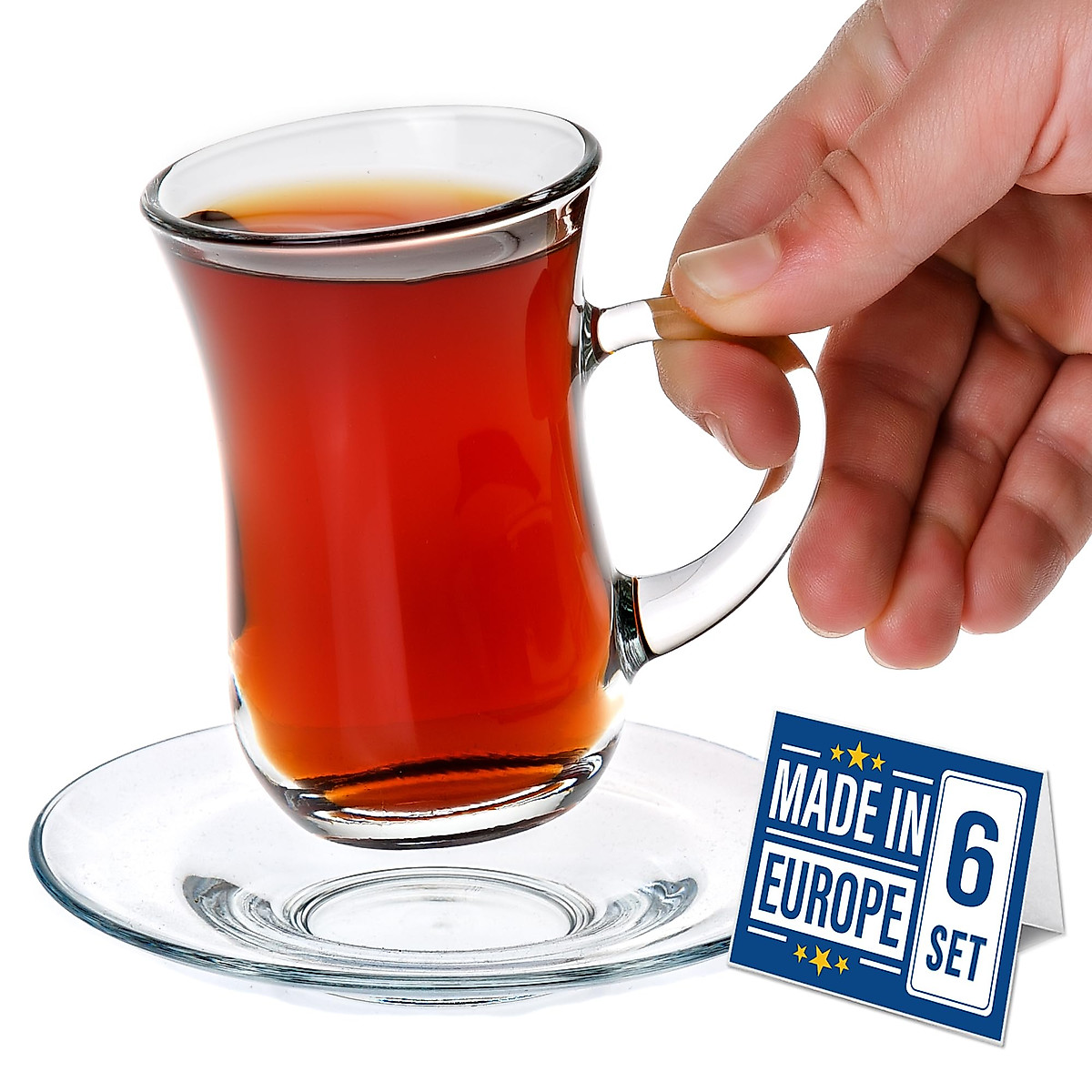 Volarium Small Turkish Tea Set 12 Piece Modern Turkish Tea Glasses & Saucers Set, 6 PCs 4.9 oz (145 cc) Clear Glass Tea Cups with Handle and 6PCs Glass Saucers