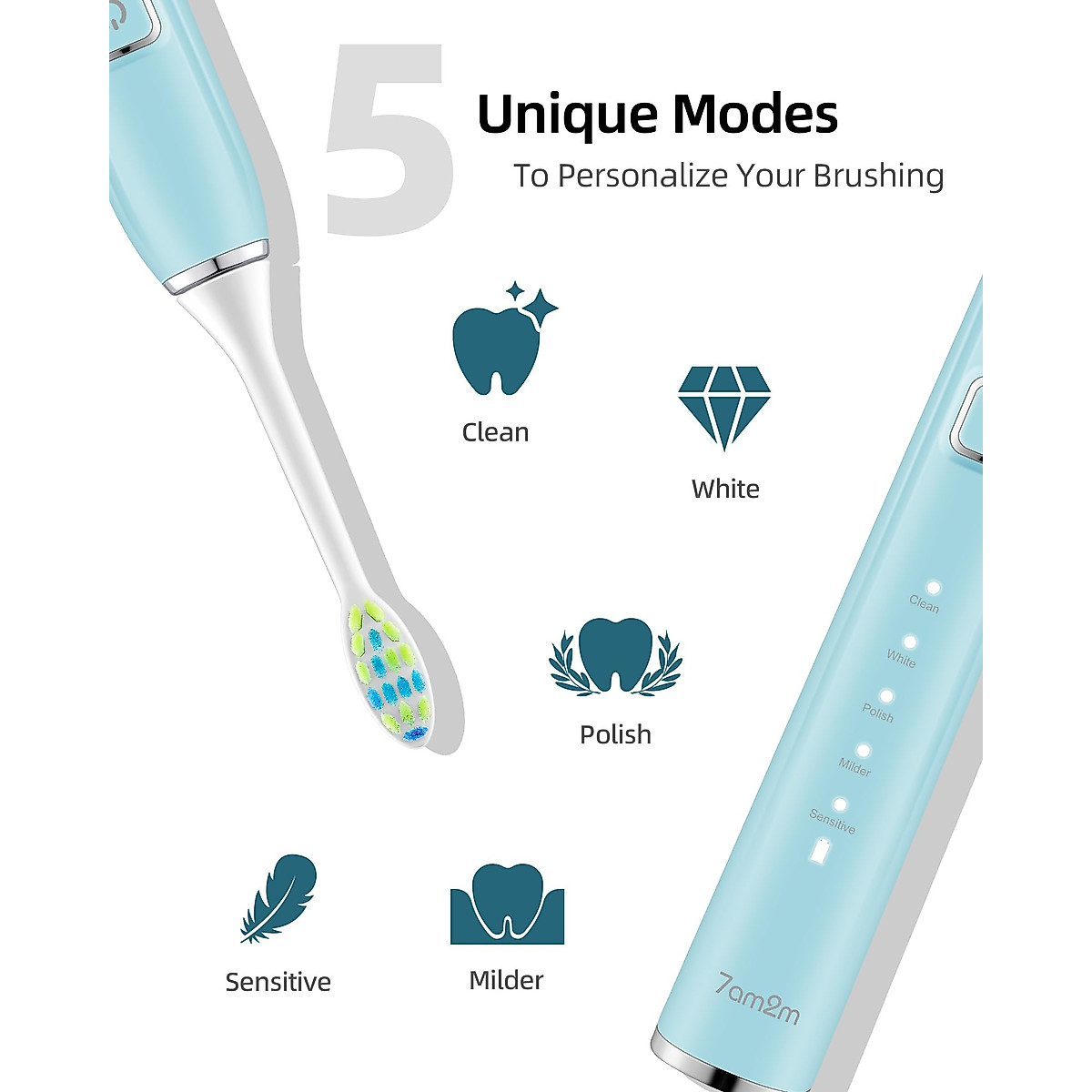 7AM2M Rechargeable Sonic Electric Toothbrush AM100 Package with 10 Brush Heads