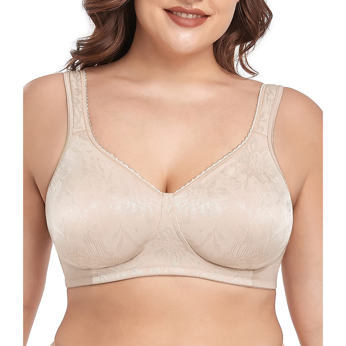 wirarpa Women's Bras Comfortable Ultimate Soft Wireless Full Coverage Floral Jacquard Non-Padded Plus Size Bra Beige 42D